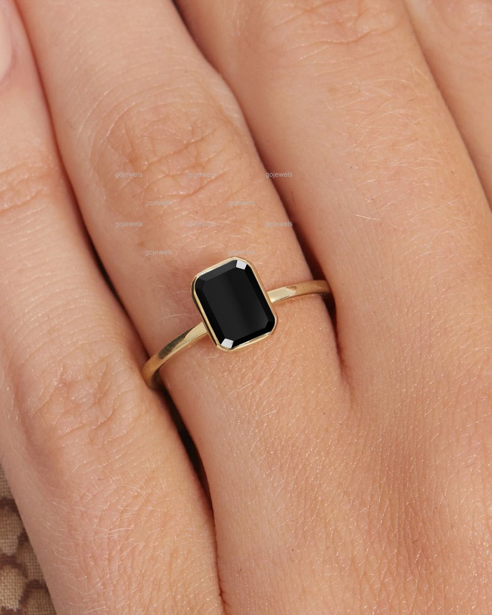 Bezel Set Emerald Cut Black Spinel Ring, 14k Solid Gold Ring, Black ...
