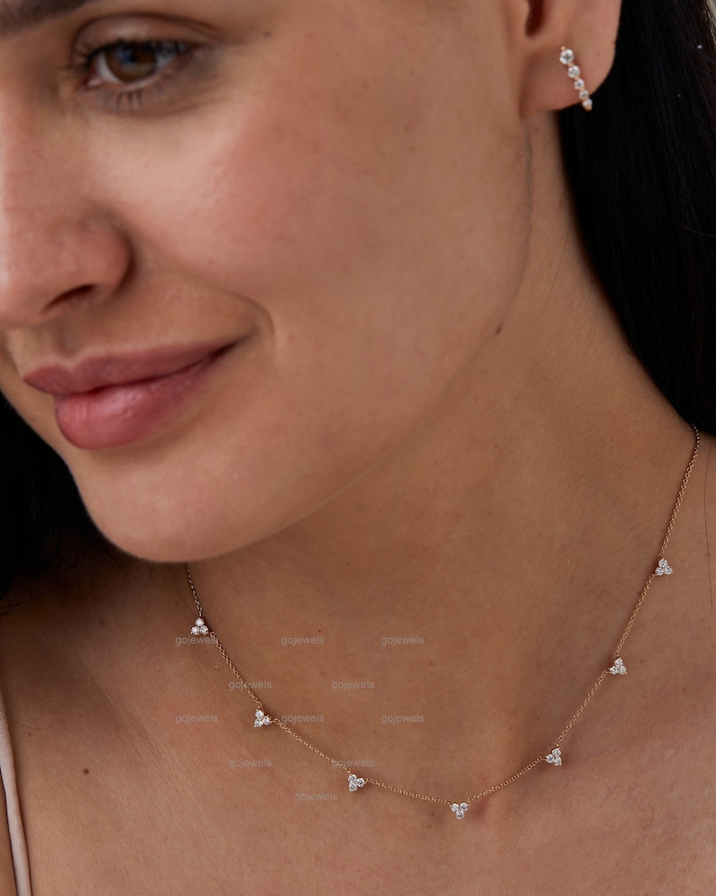 3 Stone Triangle Cluster Station Necklace 14k Gold Moissanite | Etsy