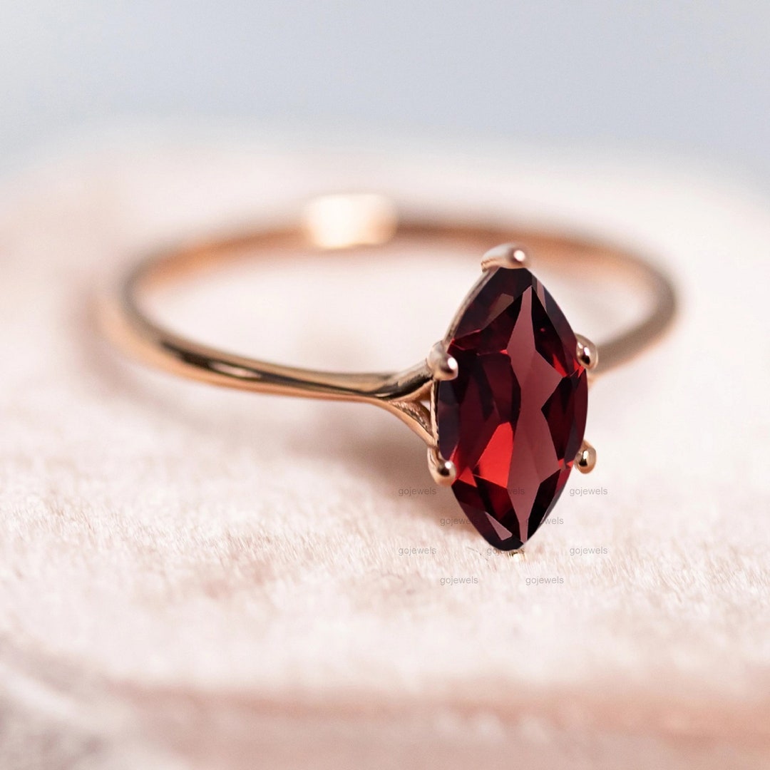 Delicate Rose Gold Garnet Ring, Solitaire Engagement Ring, Marquise ...