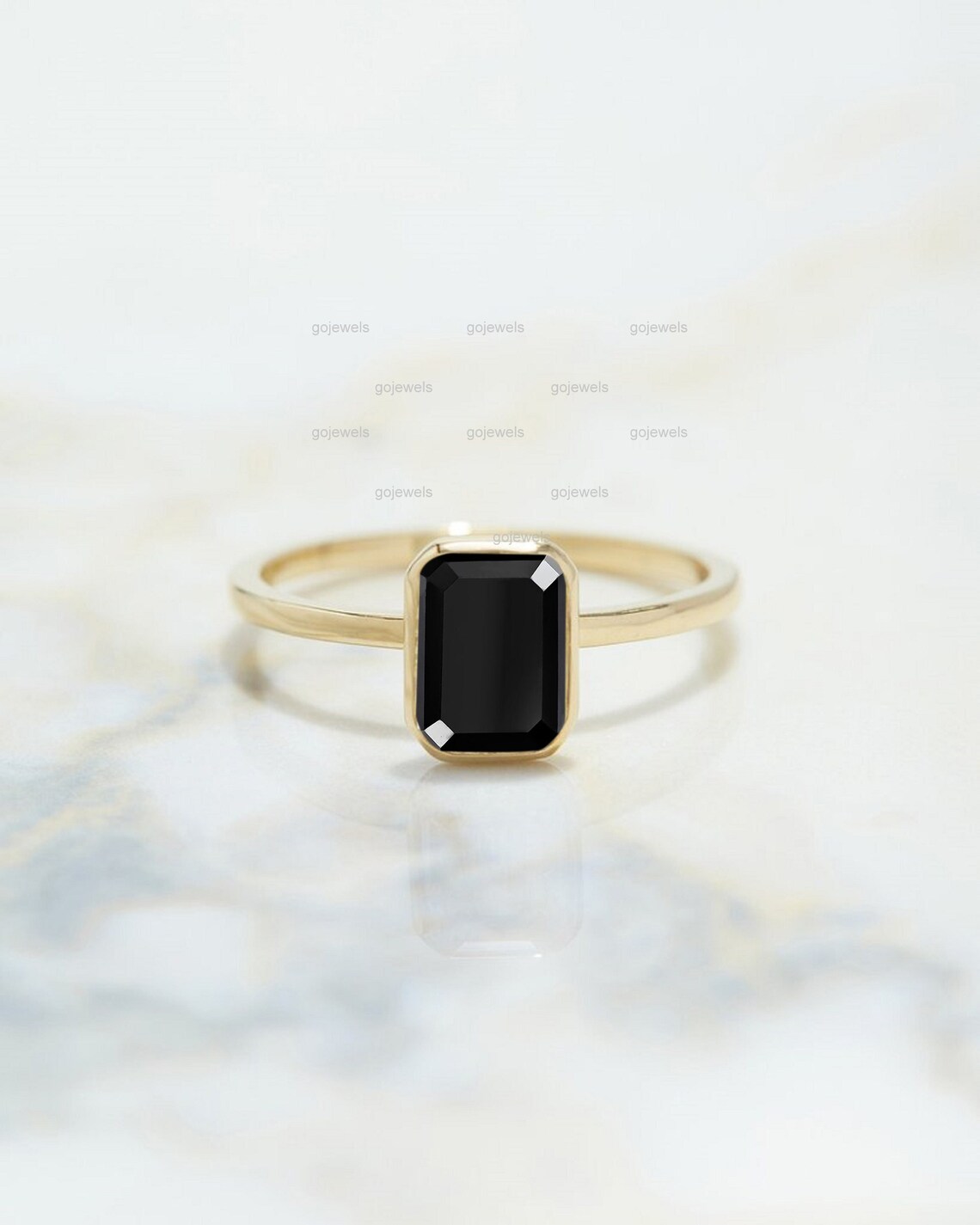 Bezel Set Emerald Cut Black Spinel Ring, 14k Solid Gold Ring, Black ...