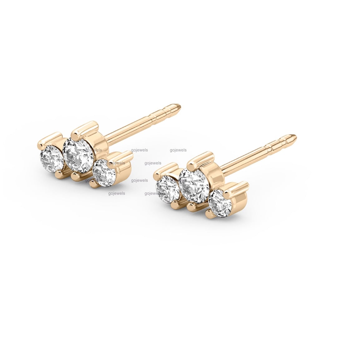 14K Yellow Gold Moissanite Three Stone Stud Earrings Diamond Trio Studs ...