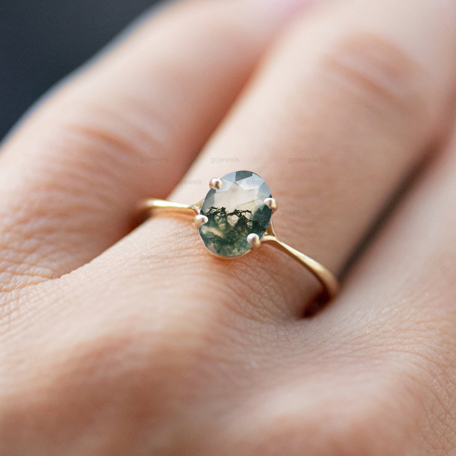 Minimalist Green Stone Ring, Solitaire Oval Moss Agate Ring, 14k Solid ...