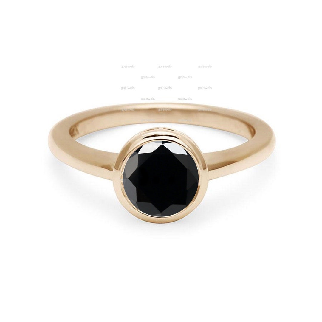 Gold Black Spinel Ring, Round Bezel Rosette Ring, Anniversary Ring ...