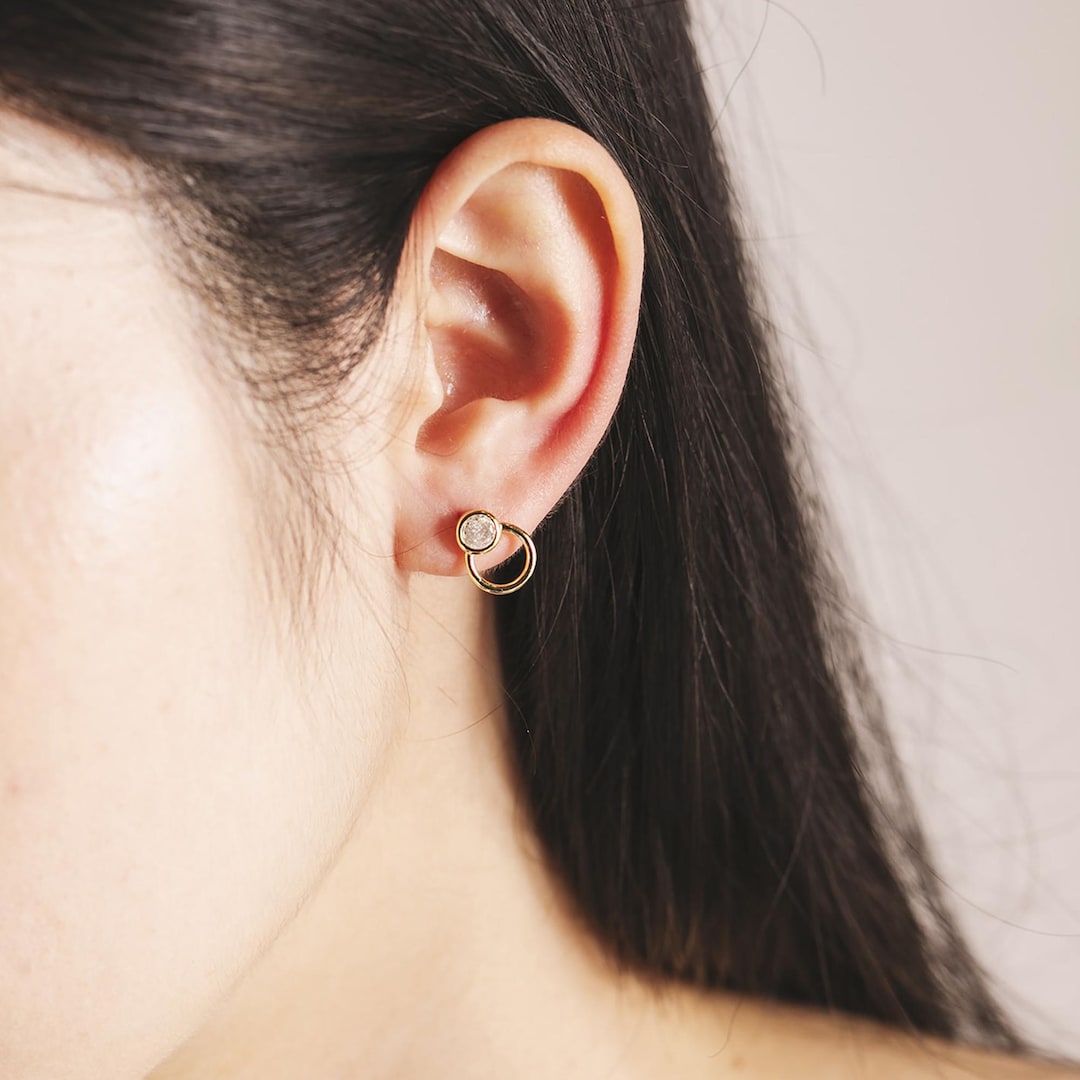 Minimal Gold Drop Stud Earrings, Round Moissanite / Diamond Bezel Studs ...