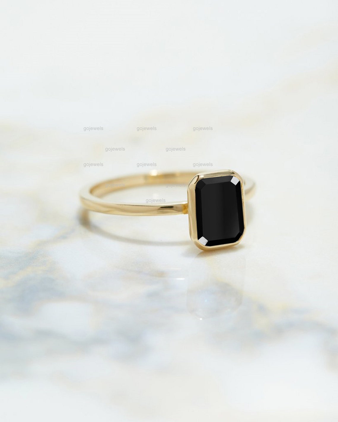 Bezel Set Emerald Cut Black Spinel Ring 14k Solid Gold Ring - Etsy