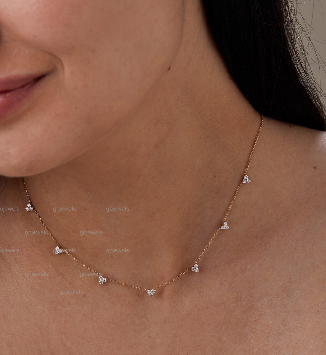 3 Stone Triangle Cluster Station Necklace 14k Gold Moissanite | Etsy