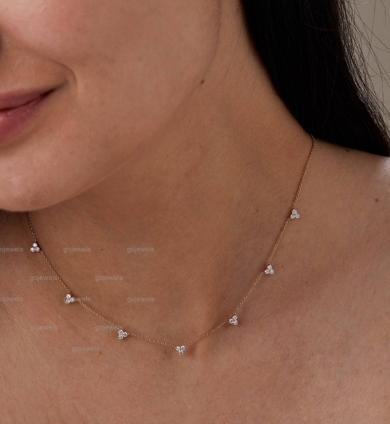 3 Stone Triangle Cluster Station Necklace, 14k Gold Moissanite Necklace ...