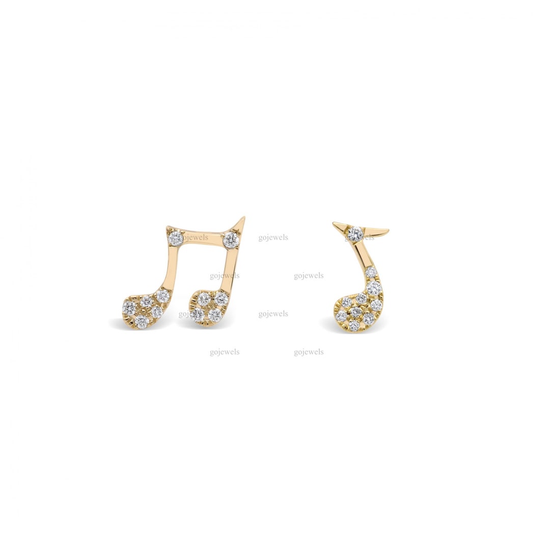 Moissanite Diamond Music Note Studs Earring , 14K Gold Small Music Note ...