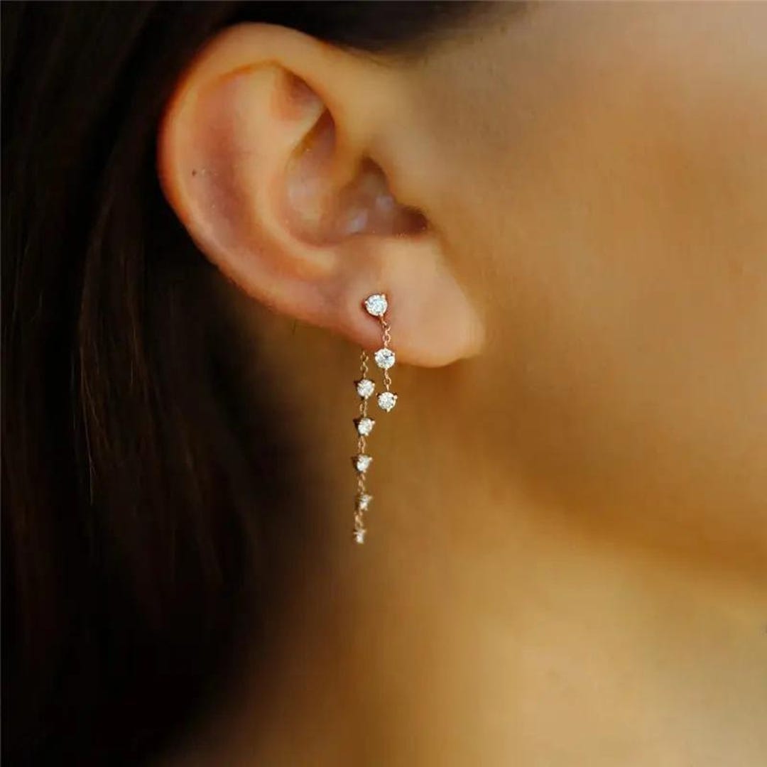 Minimalist 14K Gold Double Moissanite Chain Earrings Minimal Earrings ...