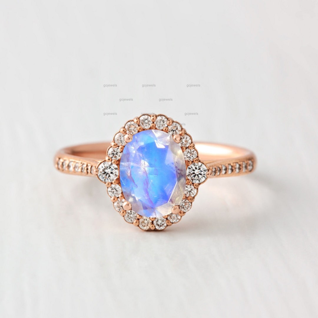 Oval Moonstone Rose Gold Engagement Ring, Oval Rainbow Moonstone Ring ...
