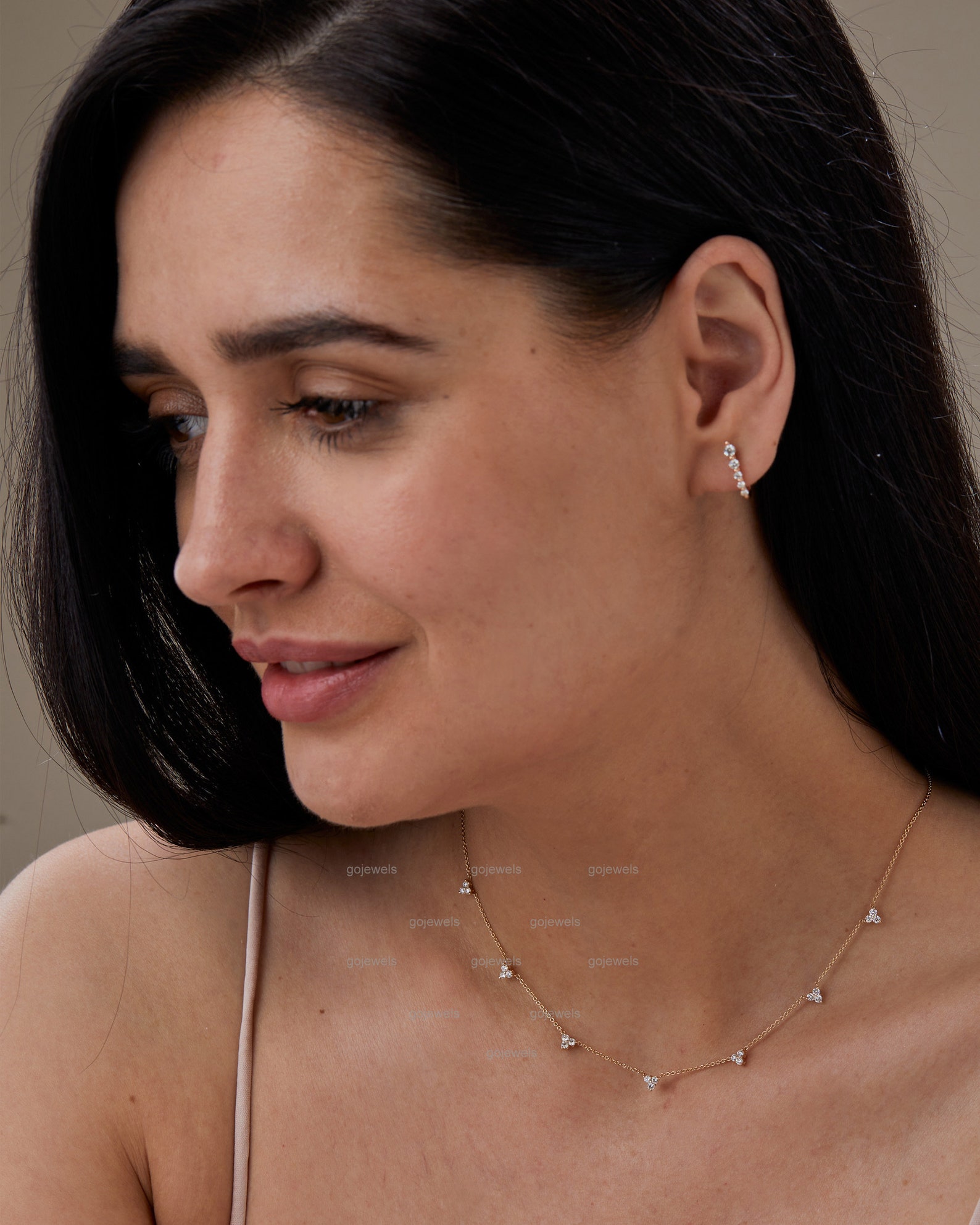 3 Stone Triangle Cluster Station Necklace, 14k Gold Moissanite Necklace ...