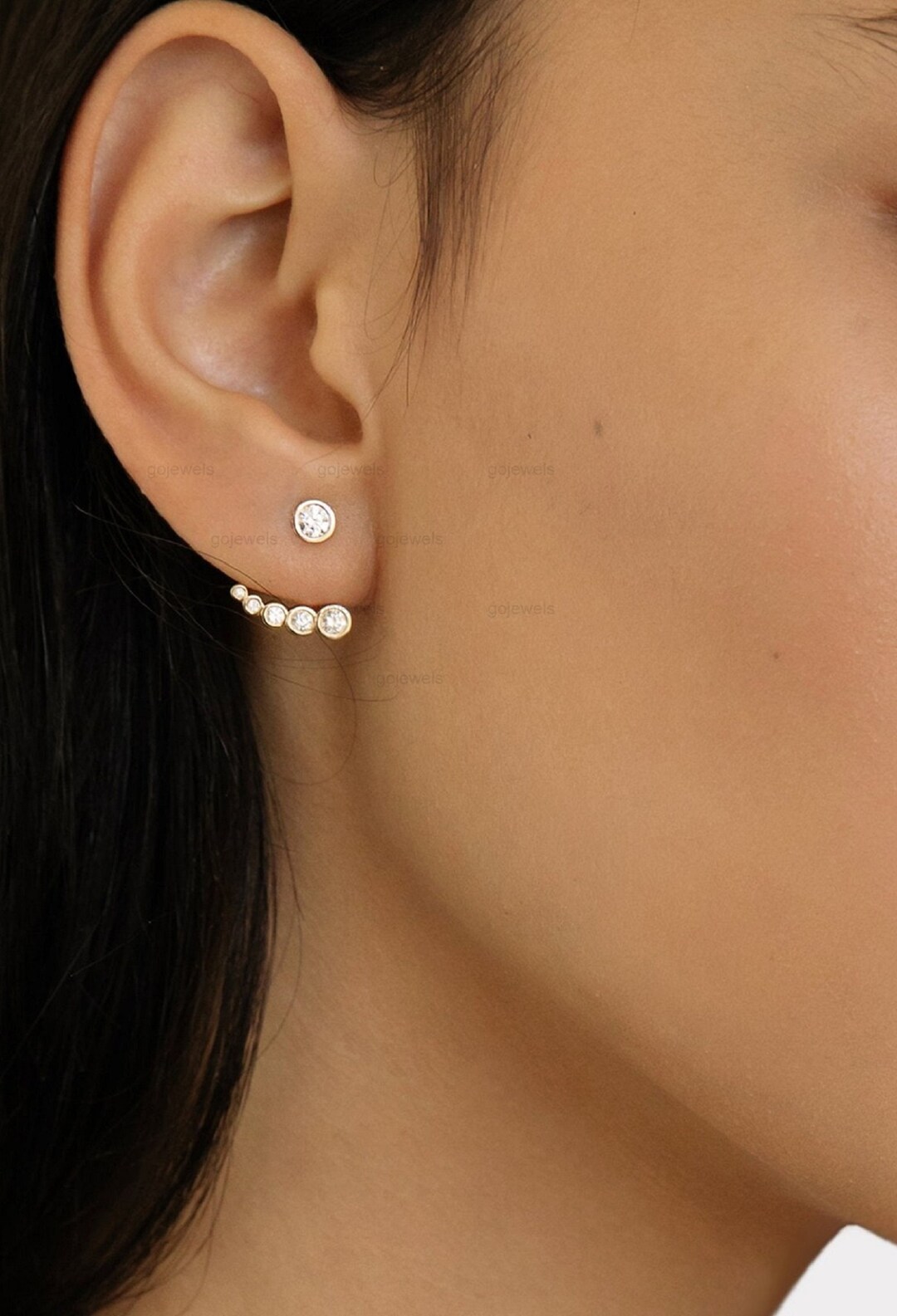 Bezel Ball & Bar Stud Earrings in Gold, Delicate Gold Moissanite Studs ...