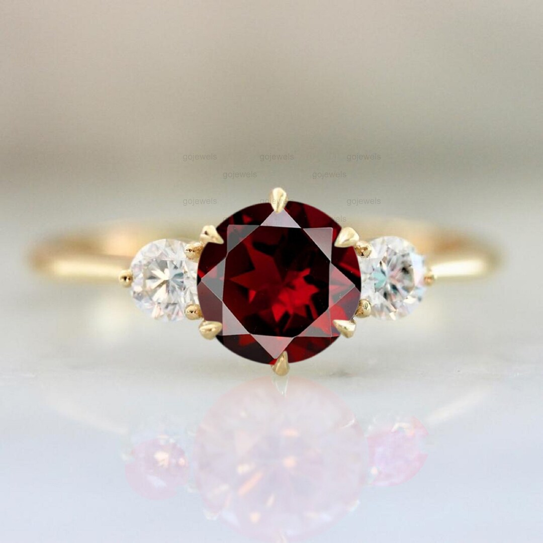 14K Gold Red Garnet Moissanite Diamond Ring, Natural Red Garnet Diamond ...
