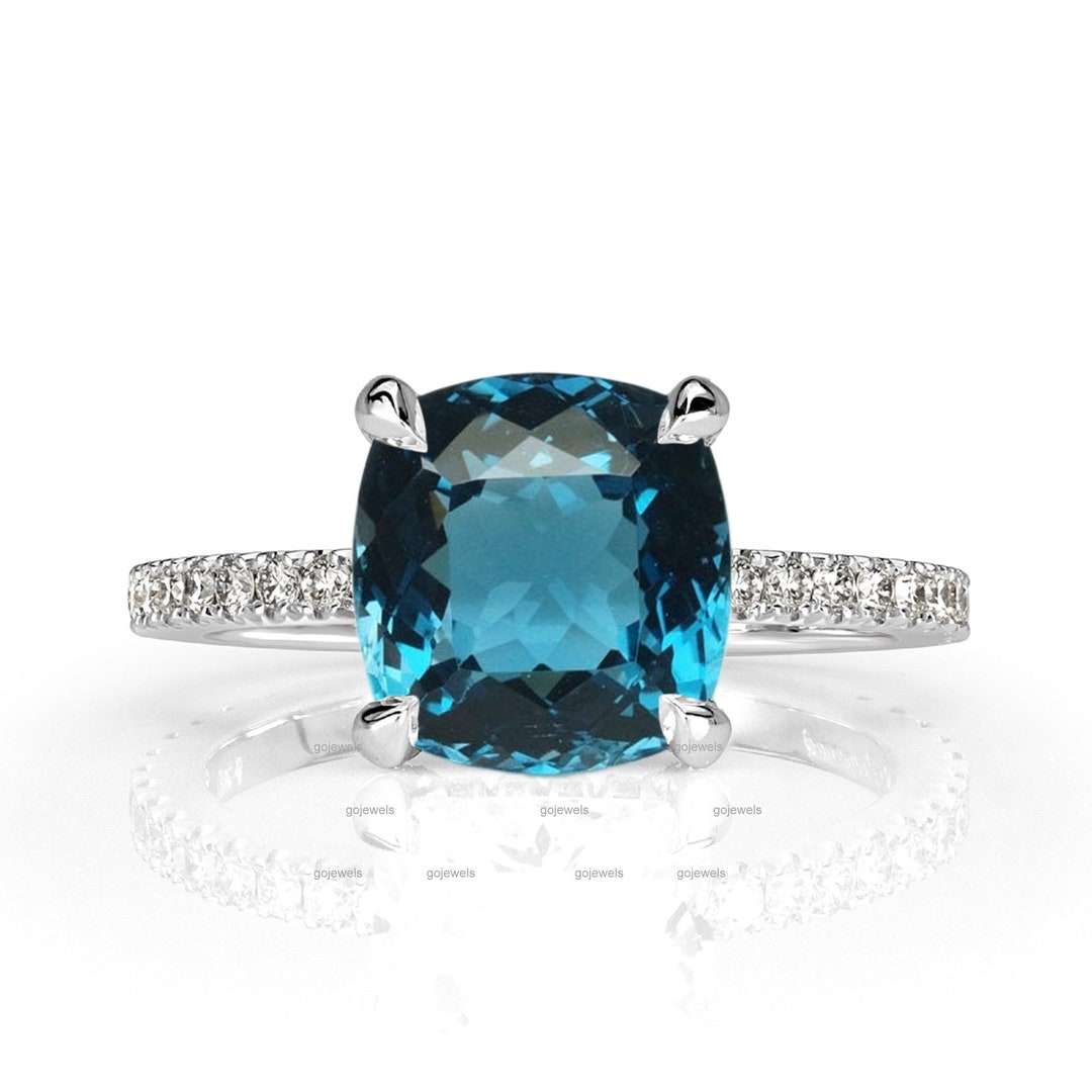 London Blue Topaz Engagement Ring, Hidden Halo Moissanite Wedding Ring ...