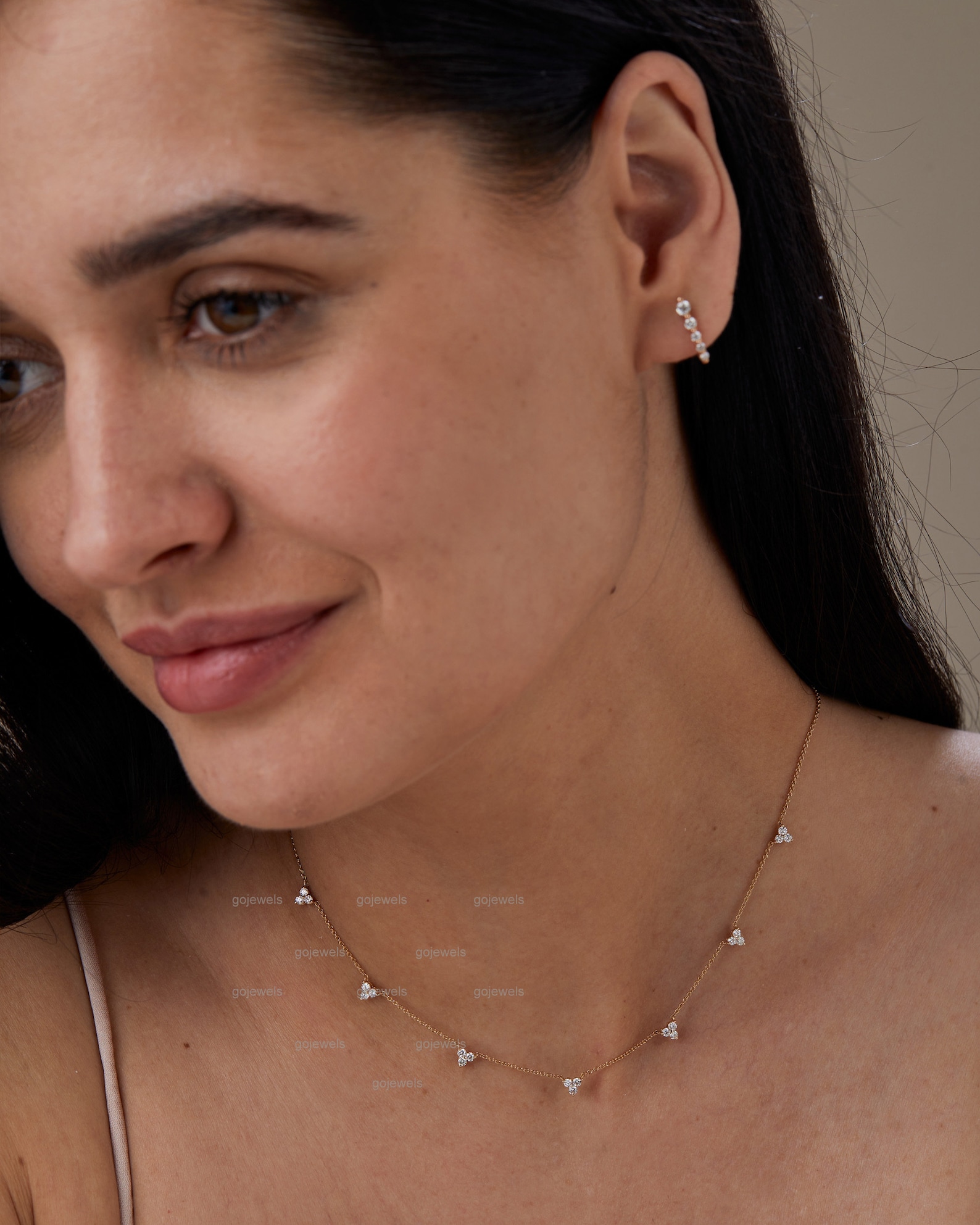 3 Stone Triangle Cluster Station Necklace, 14k Gold Moissanite Necklace ...