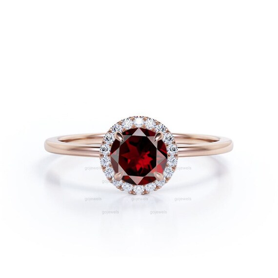 Classic Round Red Garnet Engagement Ring in Rose Gold Halo | Etsy