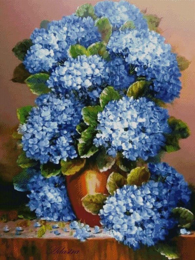 Counted Cross Stitch Pattern "blue Hydrangeas 136" - Etsy