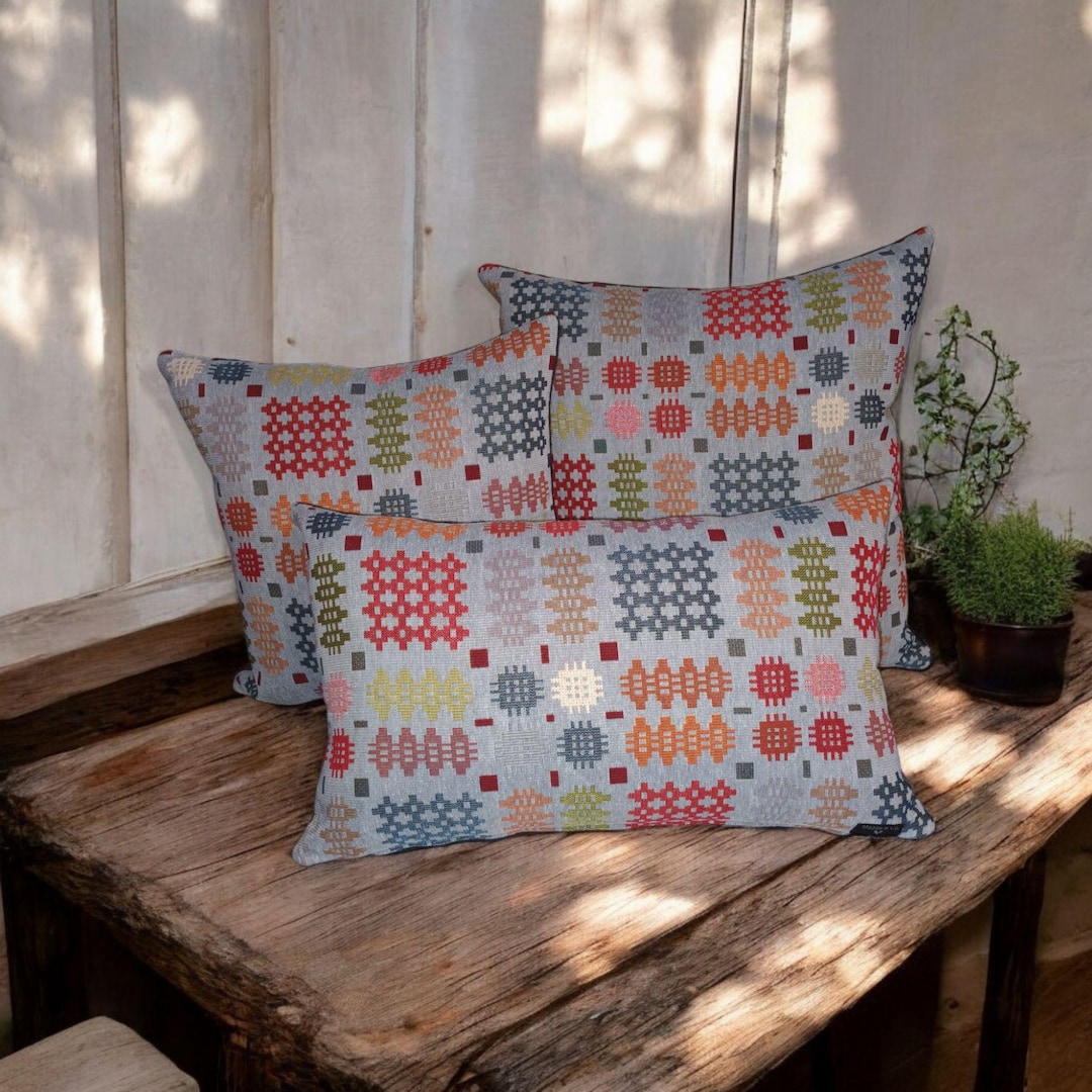 Denim Multi Coloured Welsh Tapestry Blanket Design Cushions, Welsh ...