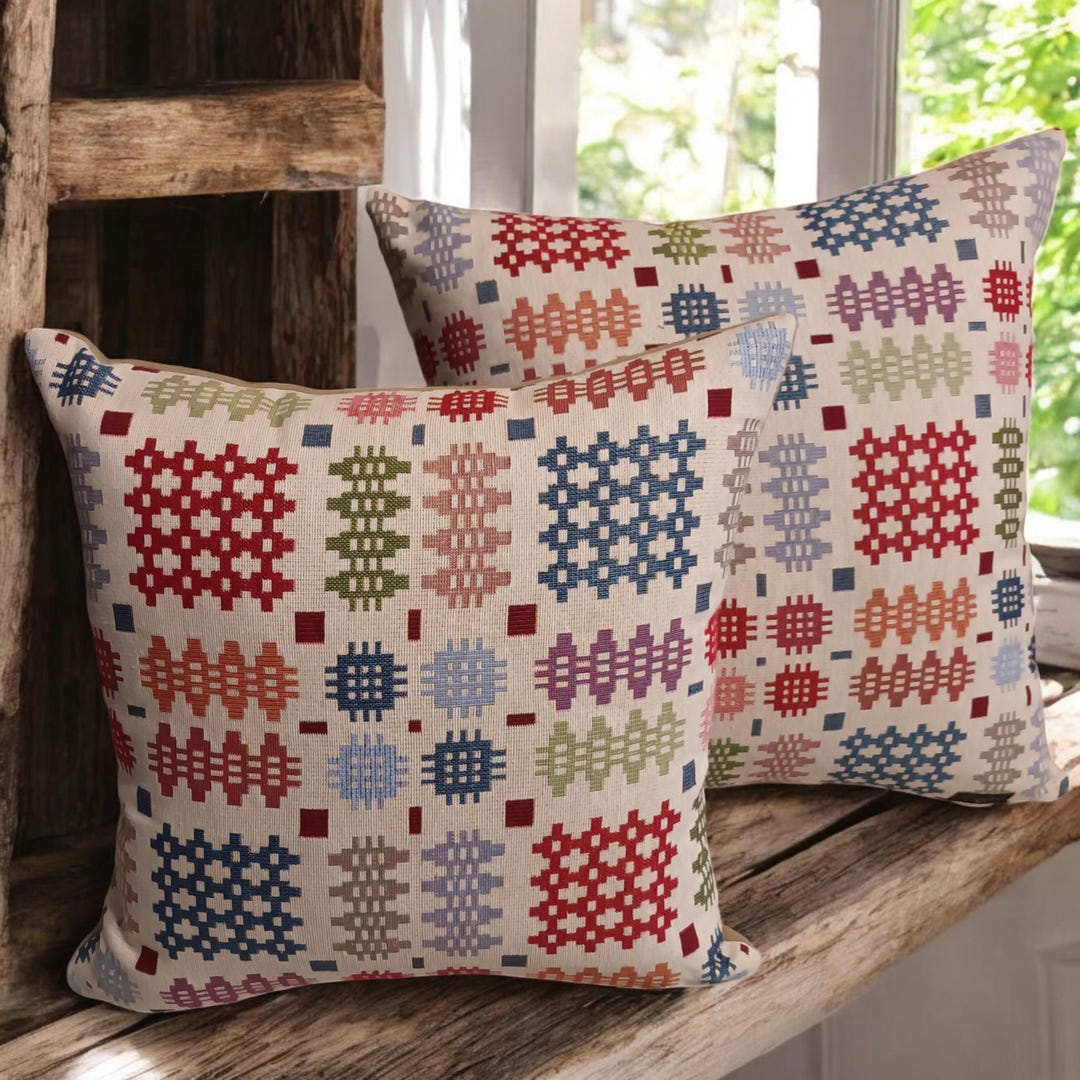 Cream Multi Coloured Welsh Tapestry Blanket Design Cushions, Welsh ...