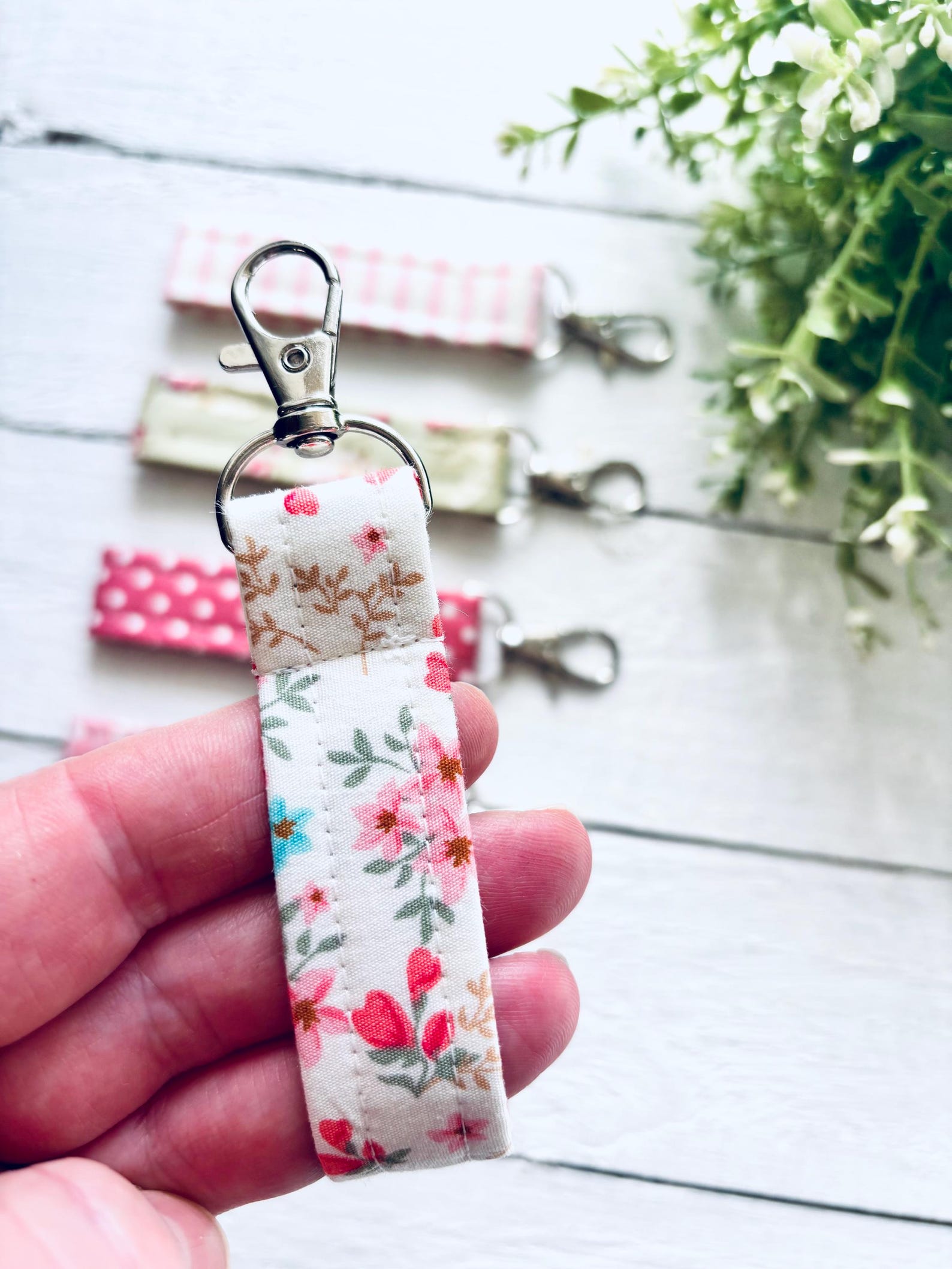Fabric Key Fob | Keyring | Pink Ticking Stripe Floral Flower Polka Dot ...