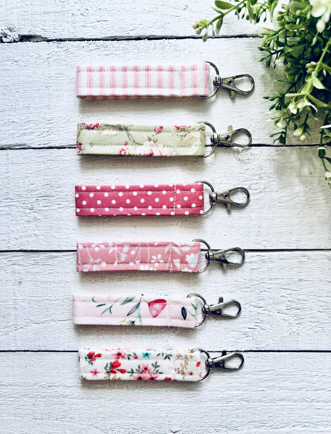 Fabric Key Fob | Keyring | Pink Ticking Stripe Floral Flower Polka Dot ...