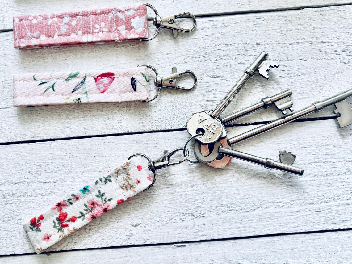 Fabric Key Fob | Keyring | Pink Ticking Stripe Floral Flower Polka Dot ...