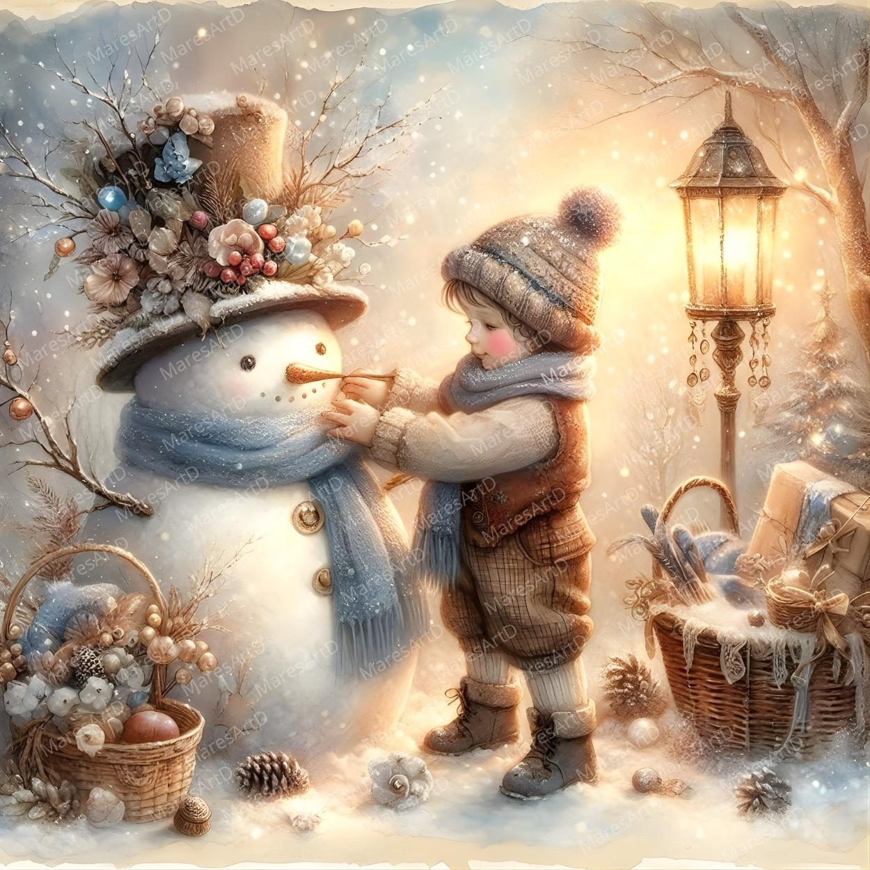 Vintage Boy and Snowman Images | Digital Art of Winter and Christmas ...