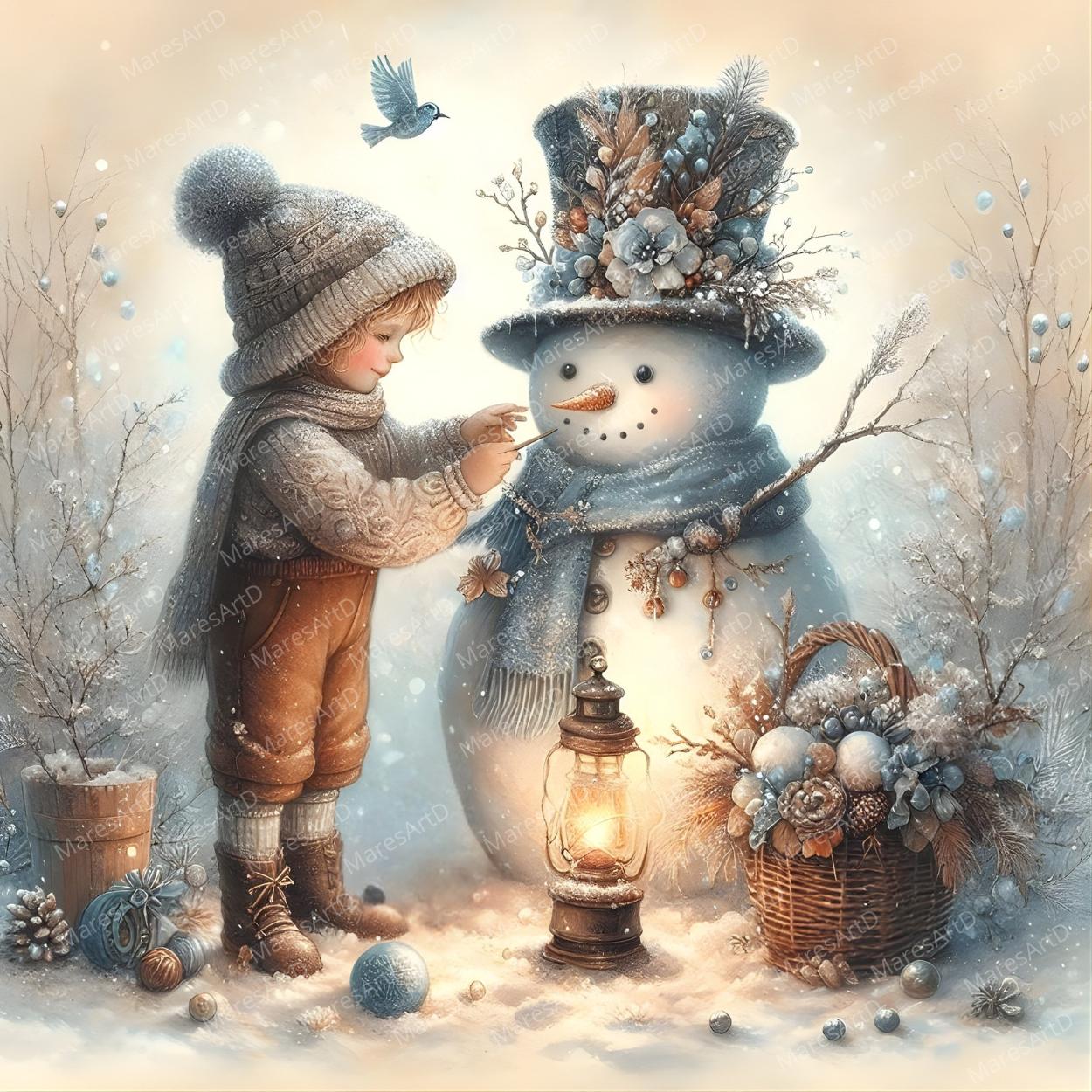 Vintage Boy and Snowman Images | Digital Art of Winter and Christmas ...