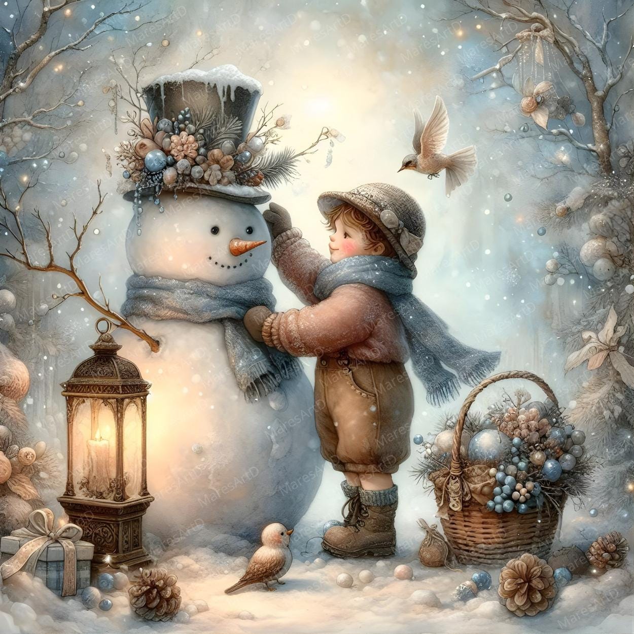 Vintage Boy and Snowman Images | Digital Art of Winter and Christmas ...