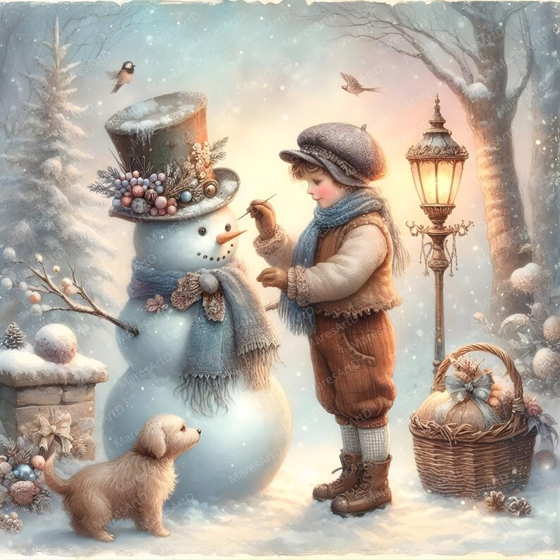 Vintage Boy and Snowman Images | Digital Art of Winter and Christmas ...