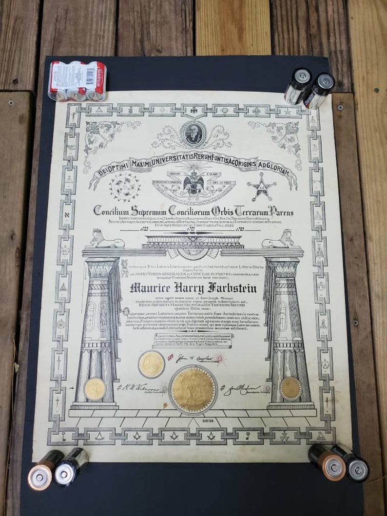 Vintage Freemasons Masonic 33rd Degree Certificate Poster of ...