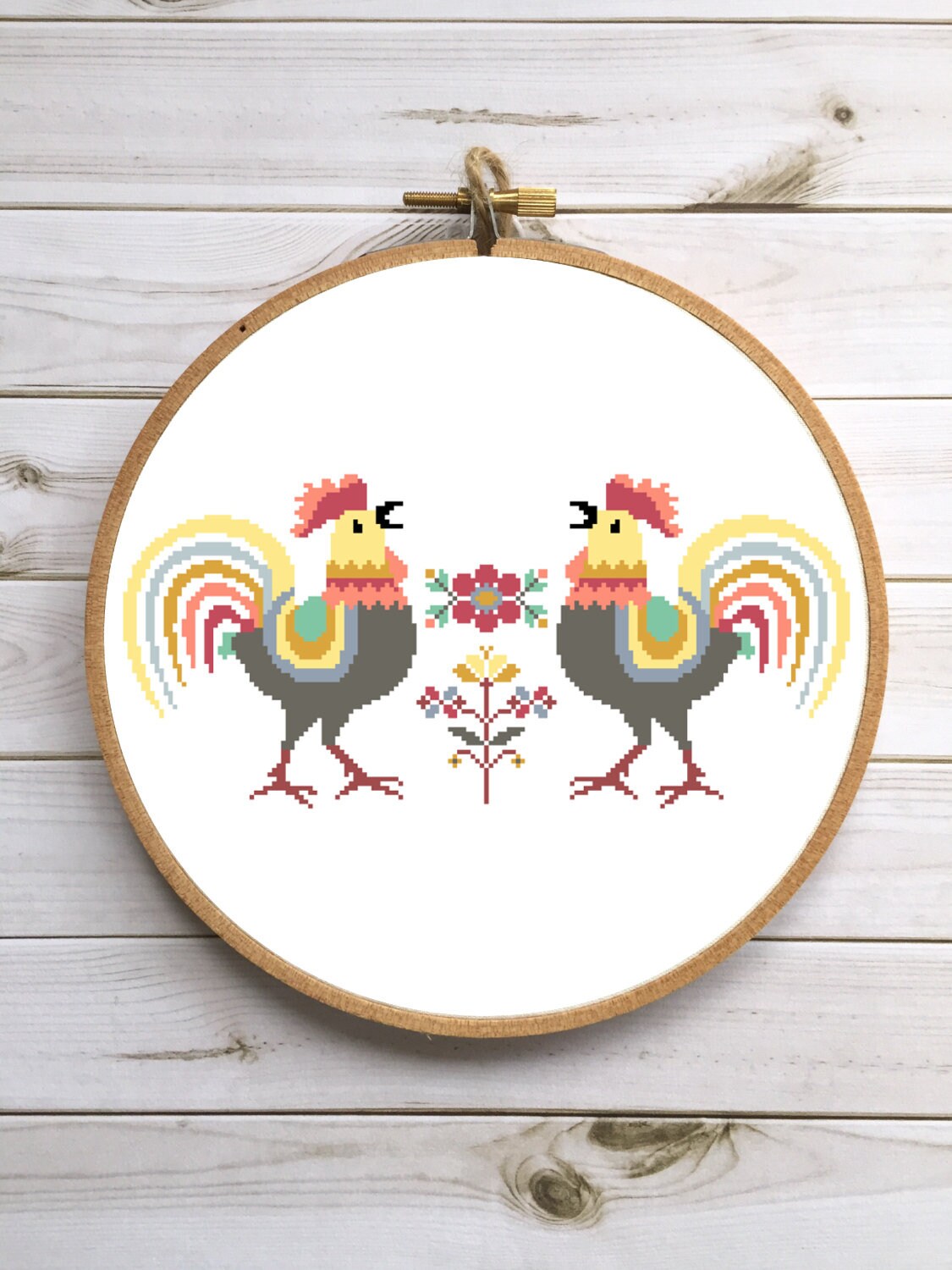 Folk Art Roosters digital cross stitch pattern | Etsy