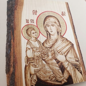 Woodburning Icon of Holy Mary and Jesus on Linden Wood With Rustic Bark ...