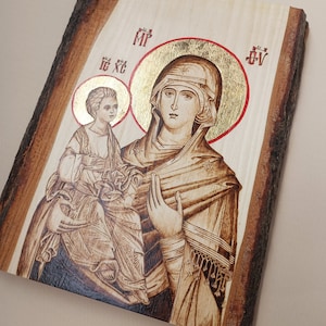 Woodburning Icon of Holy Mary and Jesus on Linden Wood With Rustic Bark ...