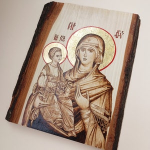 Woodburning Icon of Holy Mary and Jesus on Linden Wood With Rustic Bark ...