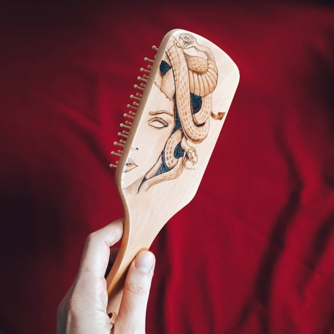 Medusa Wooden Hair Brush Dark Academia Pyrography Bamboo Hairbrush Greek Mythology Accessories ...