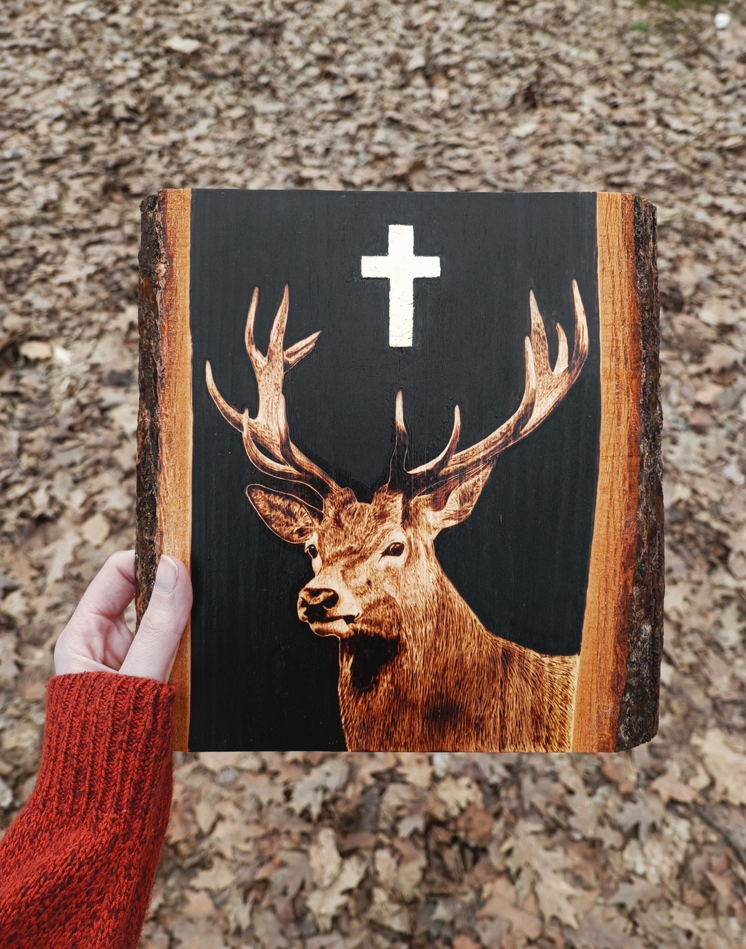 Handcrafted Stag Pyrography Art With Golden St. Hubertus Cross - Rustic ...