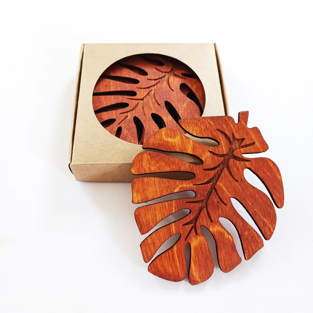 Monstera Leaf Coaster Set, Laser Cut Wooden Drink Holder, Boho Home ...