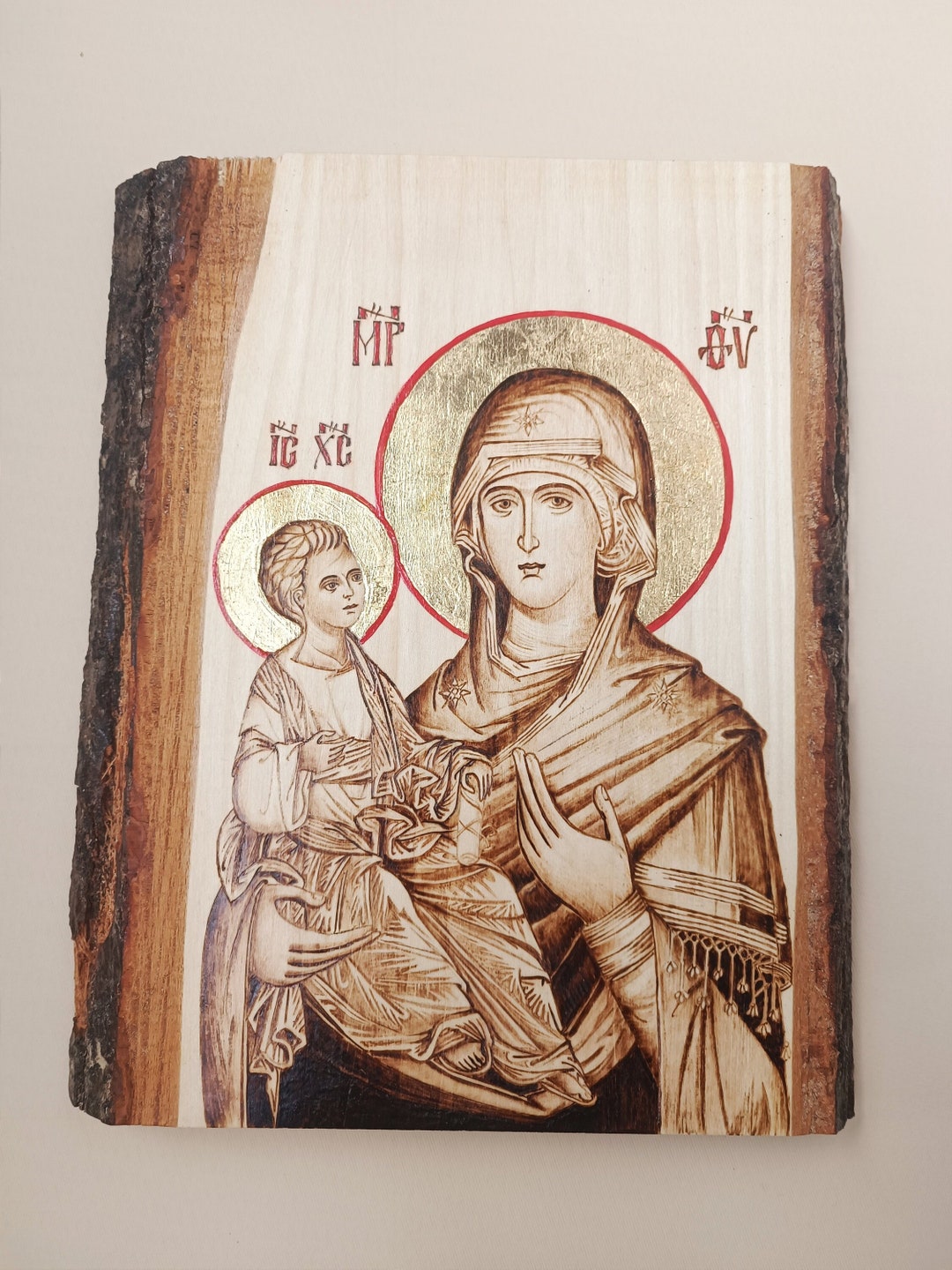 Woodburning Icon of Holy Mary and Jesus on Linden Wood With Rustic Bark ...