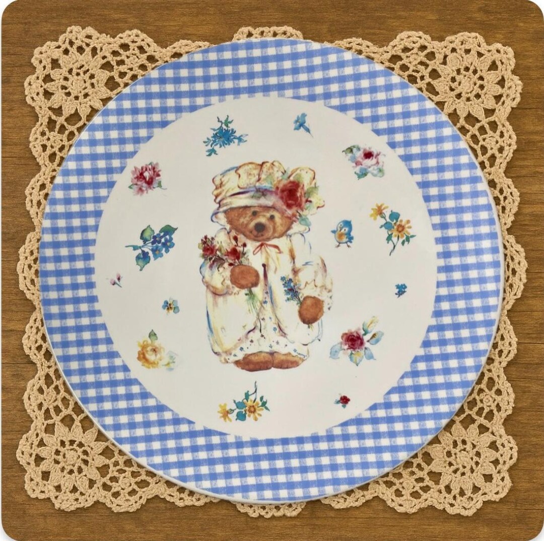 Vintage Mary Hamilton 1997 Gingham Girl Bear With Flowers Plate - Etsy