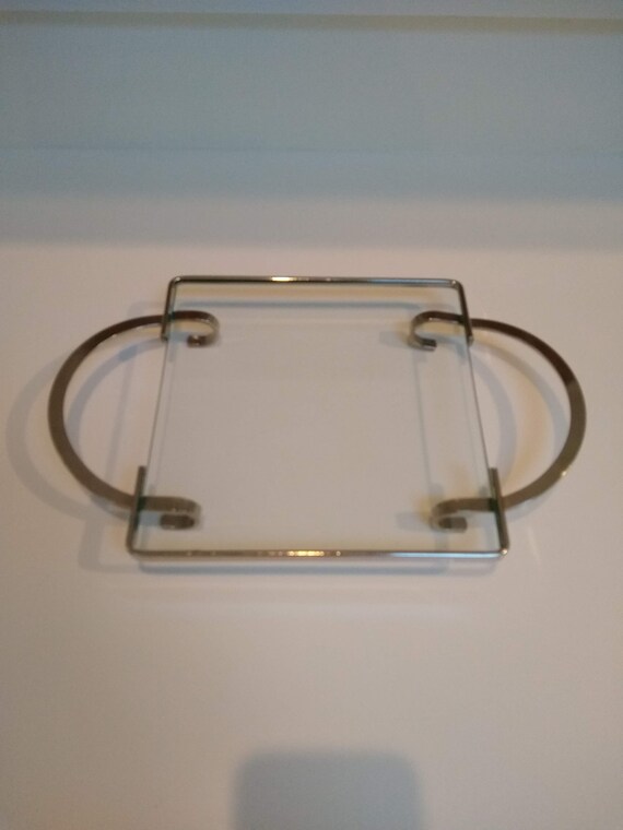 Minimalist MCM Square Glass Tray in Silver Plate Cradle | Etsy