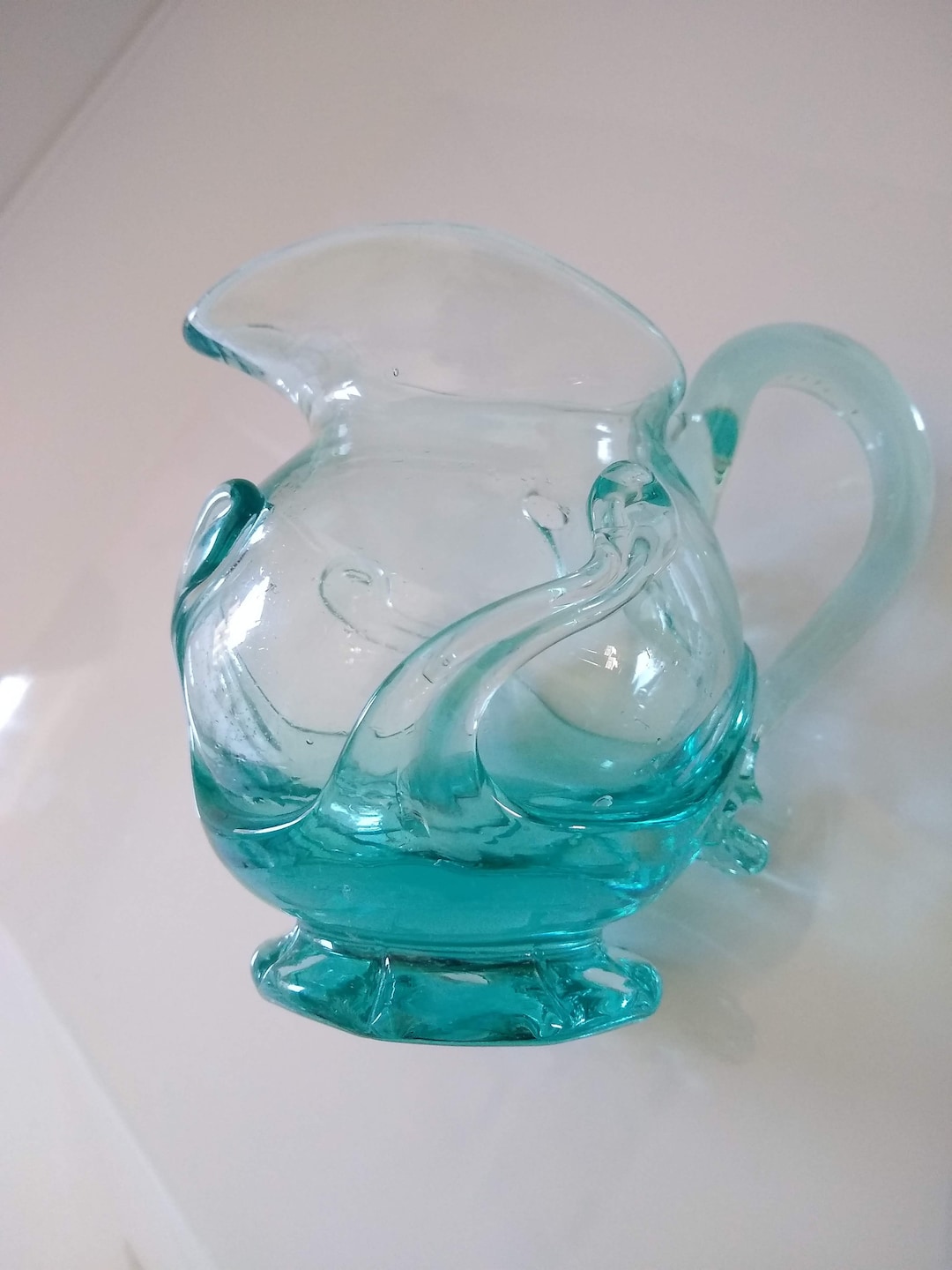 Vintage Hand Blown Aqua Blue Art Glass Small Pitcher, Creamer, Sauce ...