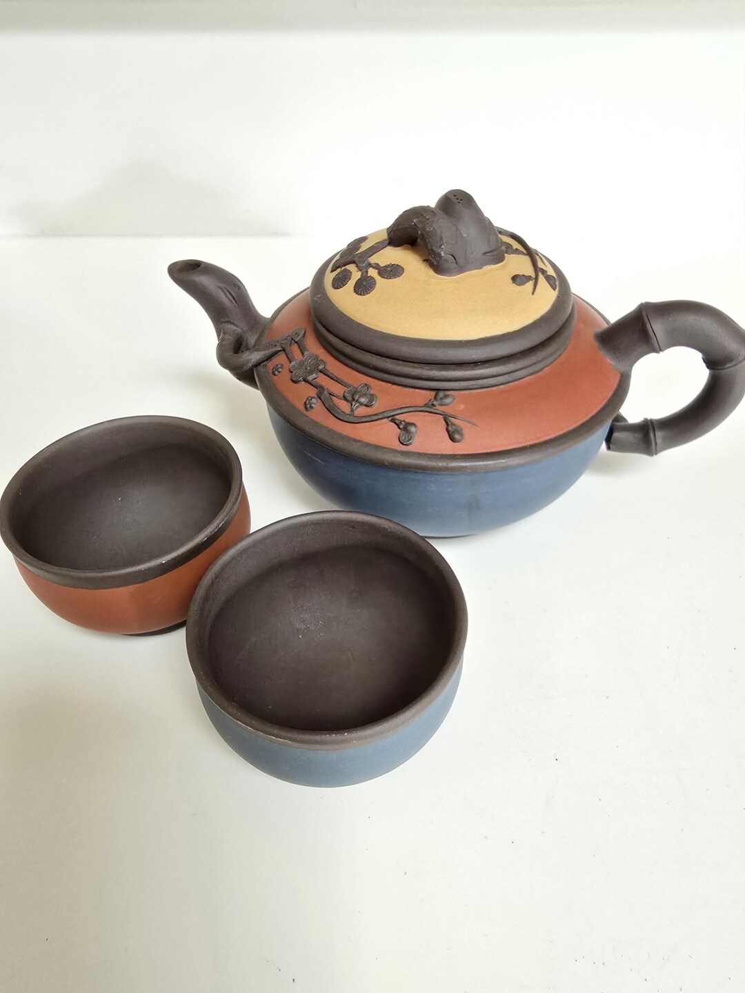 Vintage Tri Color Zisha Pot With 2 Cups, Yixing Chinese Pottery Teapot ...