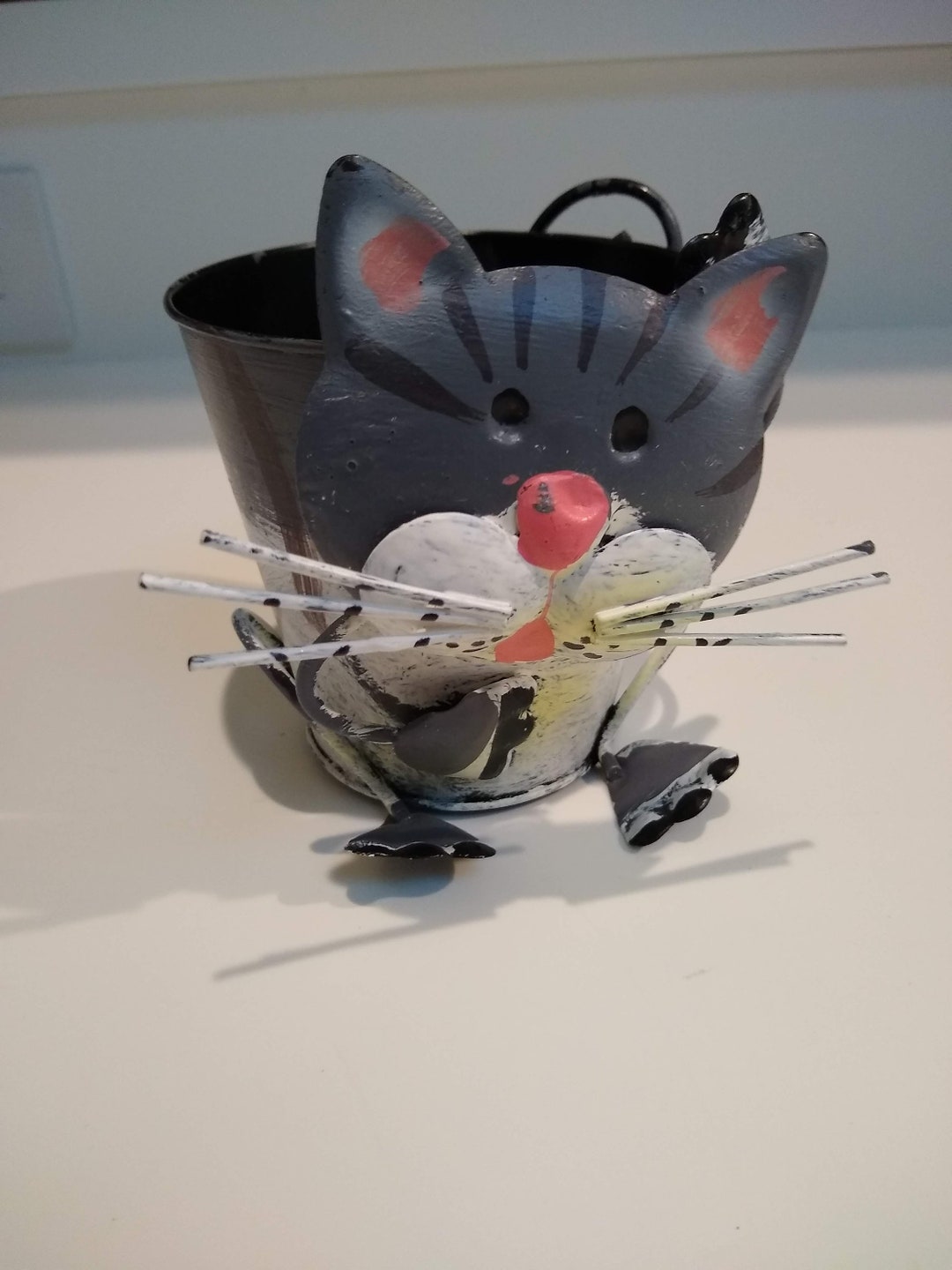 Vintage Primitive Hand Painted Bobble Head Cat Planter Pot, Painted Tin ...