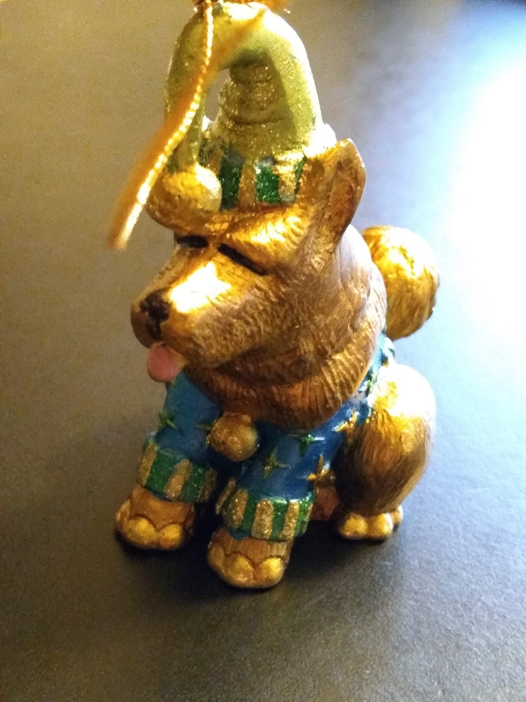 Vintage Dog Ornament, Regal Dog in Green Jester Hat With Blue Jacket ...