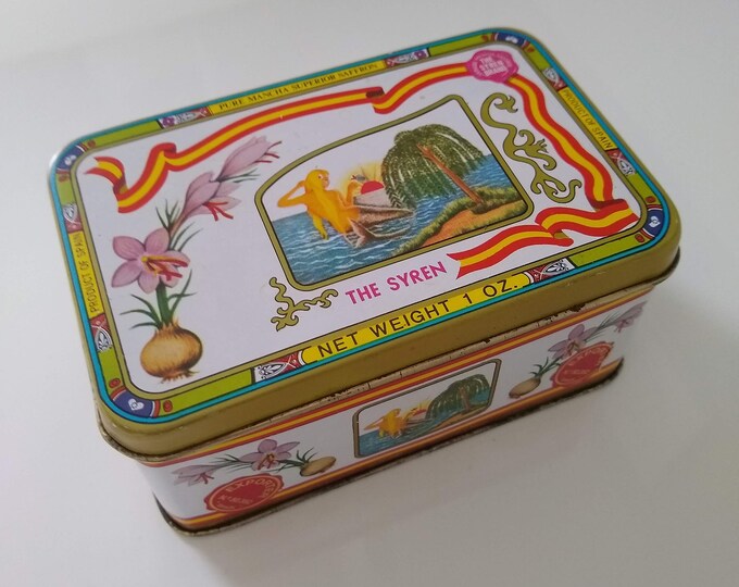 Vintage Empty Saffron Tin With Mermaid Illustrations on All Top and ...