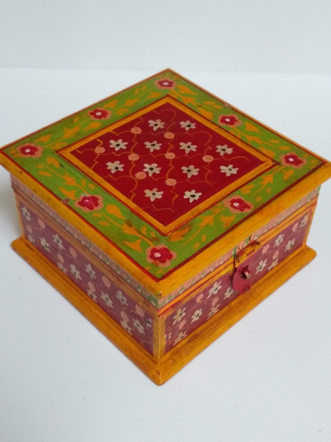 Vintage Hand Painted Square Wood Box With Lid and Latch - Etsy