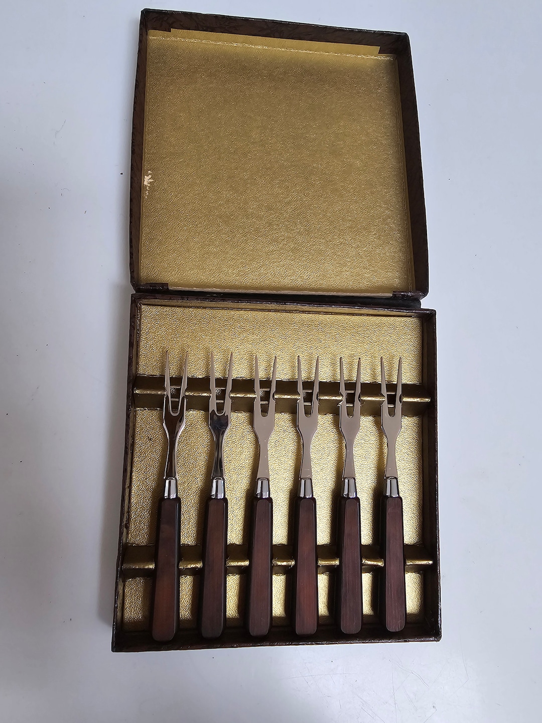 Vintage Set of Six Cocktail Forks With Wood Handles, Still in Original ...