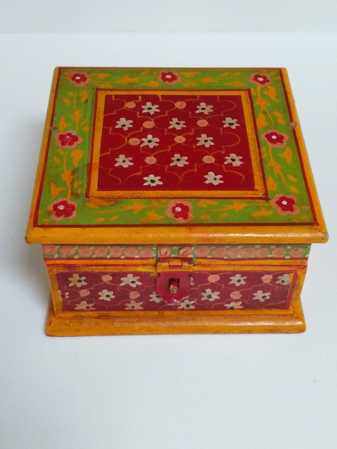 Vintage Hand Painted Square Wood Box With Lid and Latch - Etsy