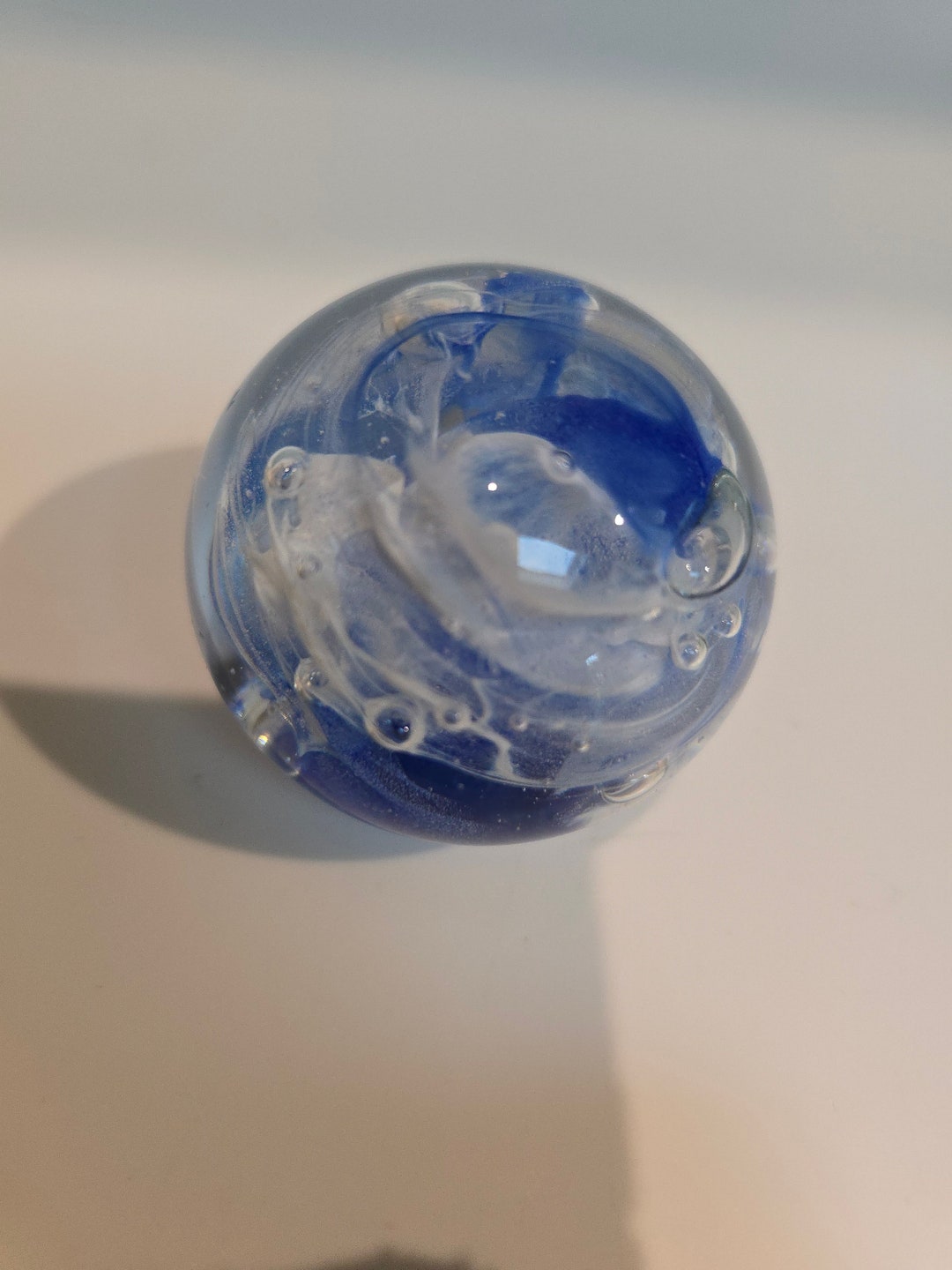 Vintage Art Glass Paperweight, Clear Blown Glass Sphere With Blue Swirl ...